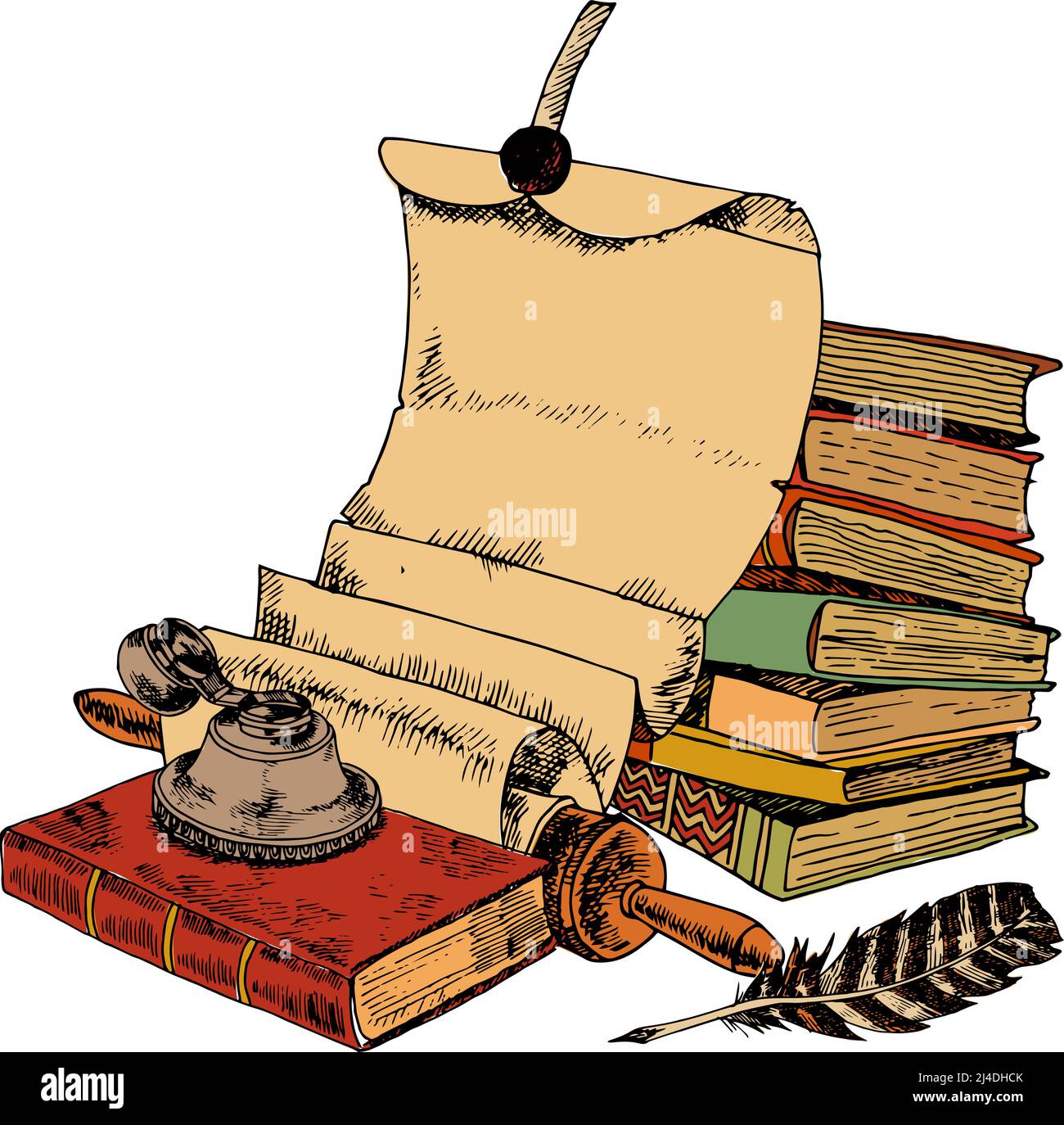 Vintage books with paper scroll feather and ink pot colored sketch ...