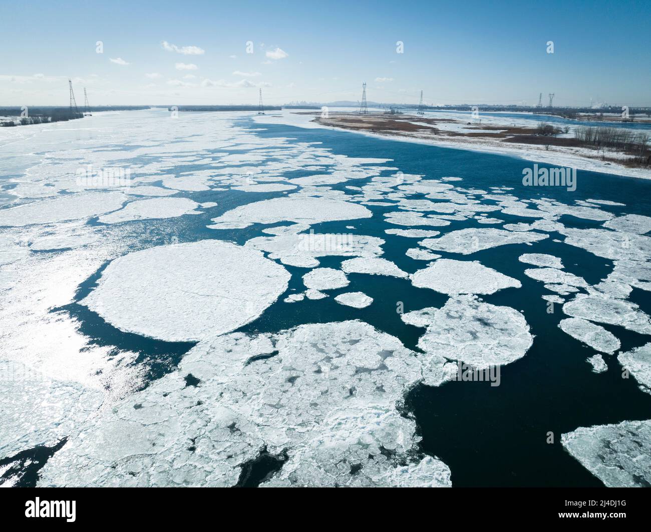 Aerial view of ice floe patterns over the St.Lawrence River during ...