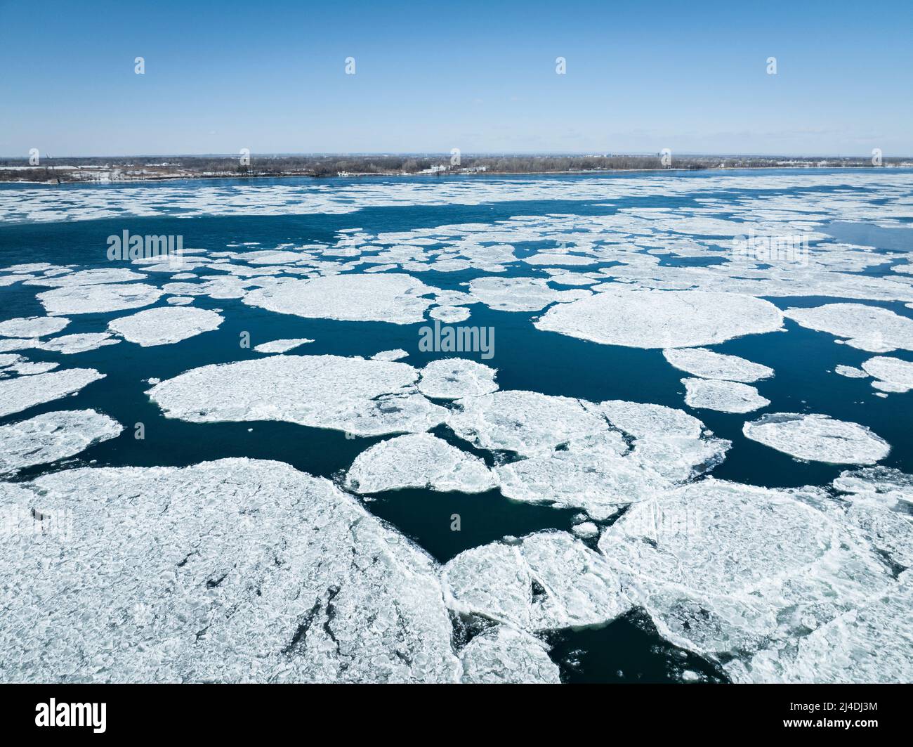 Aerial view of ice floe patterns over the St.Lawrence River during ...