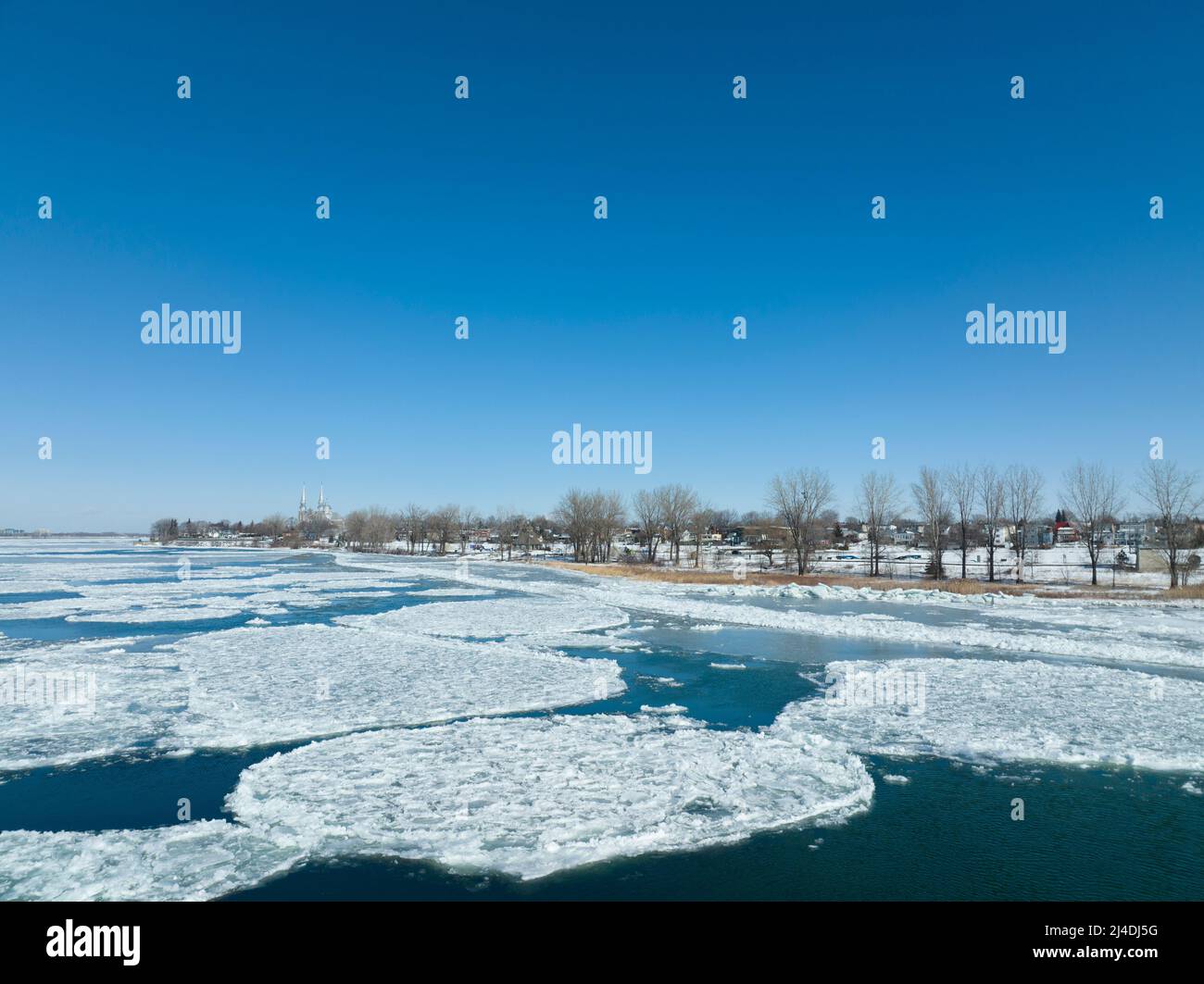 Aerial view of ice floe patterns over the St.Lawrence River during ...
