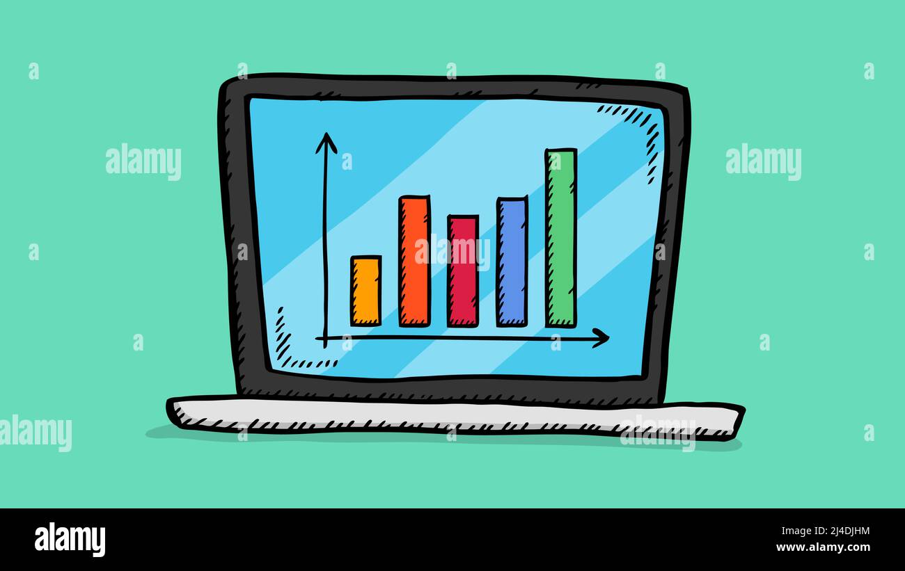 Colorful doodle of data chart on laptop screen. Hand drawn illustration ...