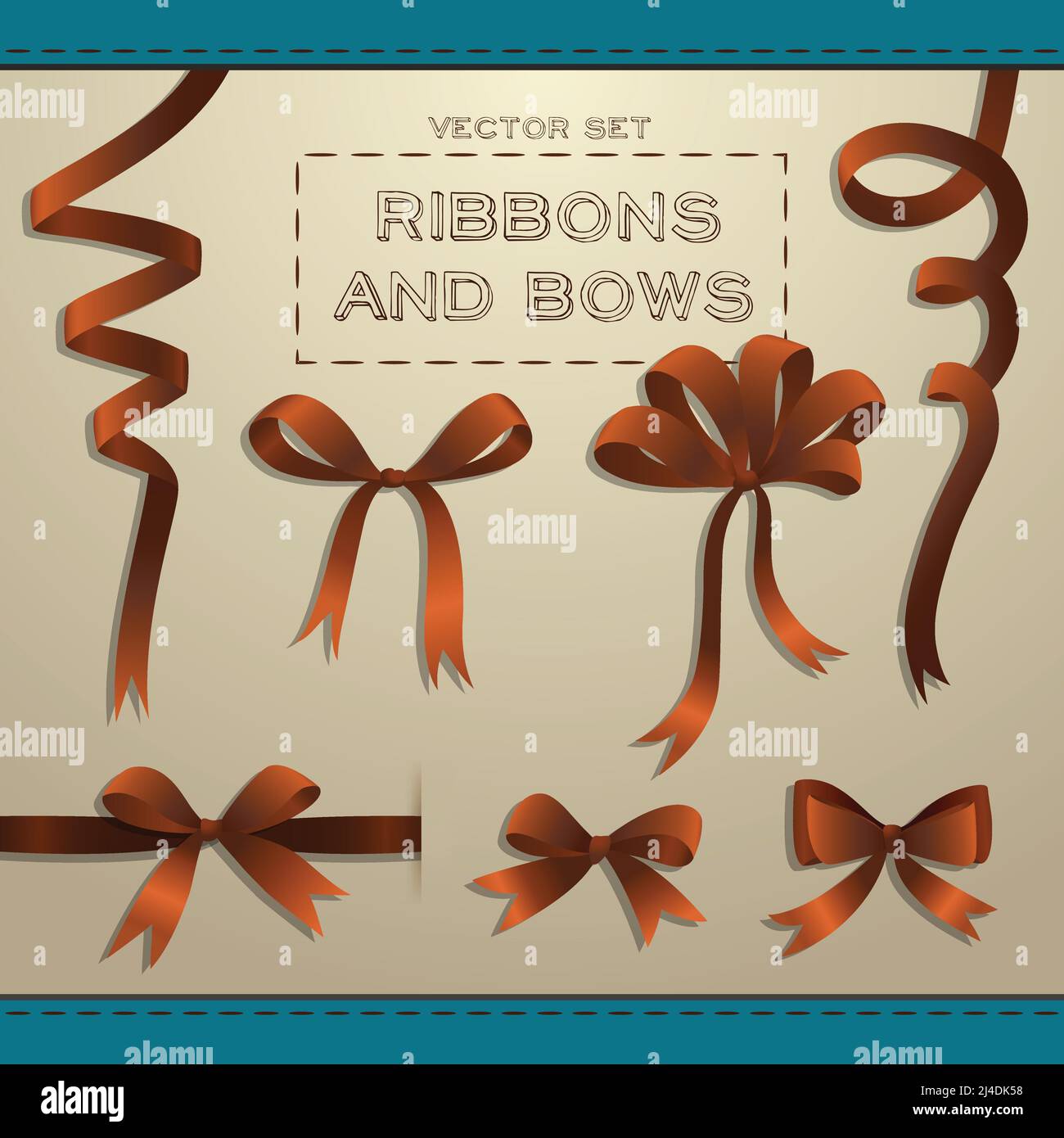Big set of brown ribbons and bows for gift boxes on beige background ...