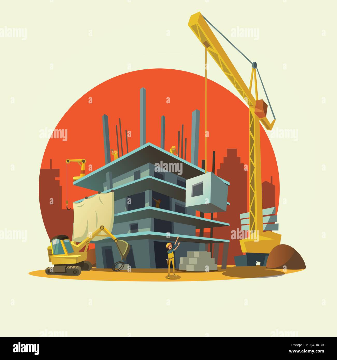 Construction concept with retro style concept workers and machines ...