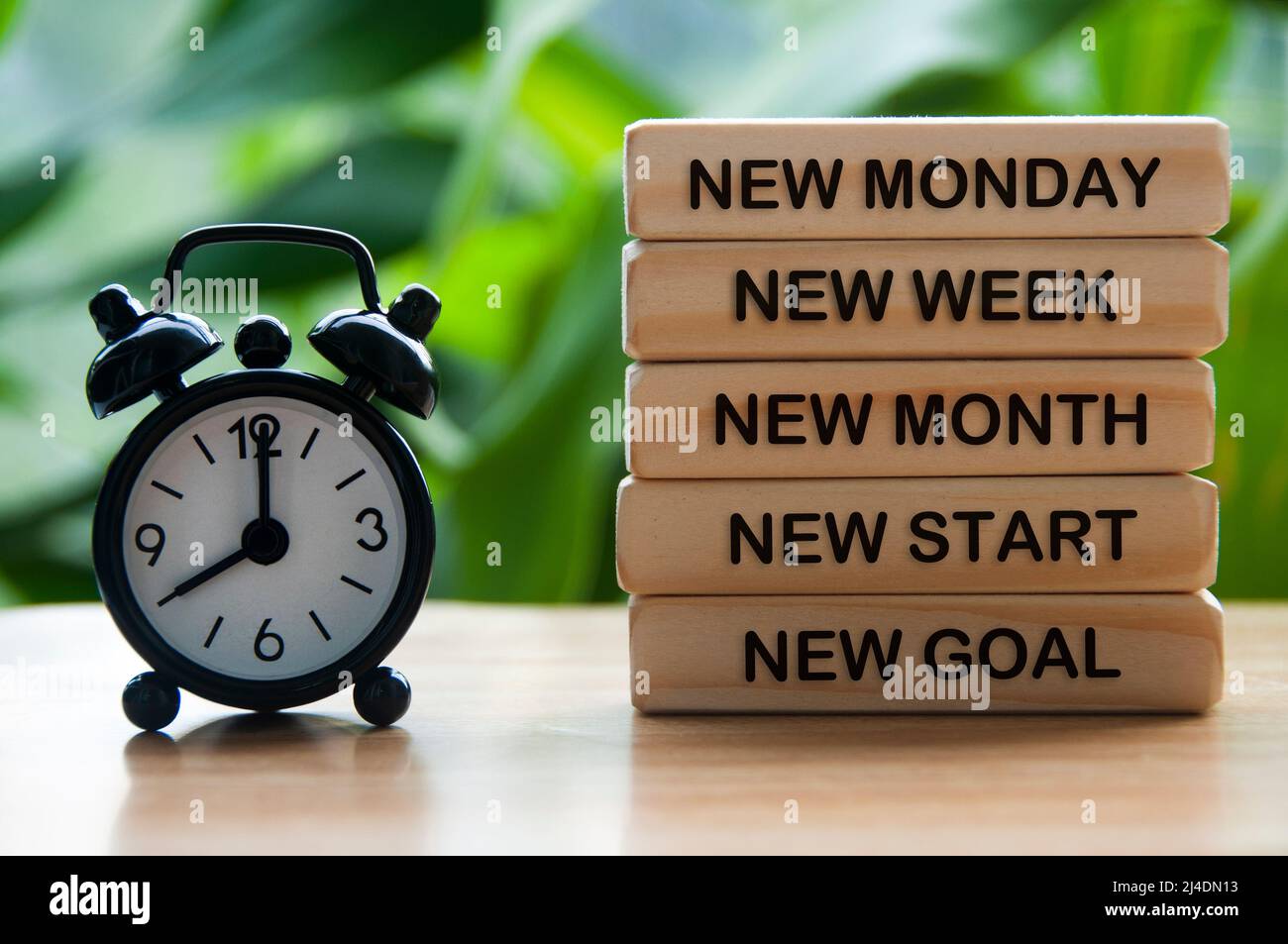 New Monday, Week, Month, Start and Goal text on wooden block with alarm ...