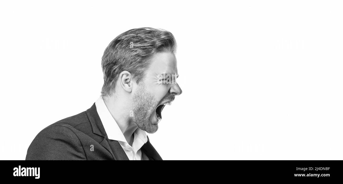 Roar of anger. Businessman scream in anger. Angry manager side-face ...