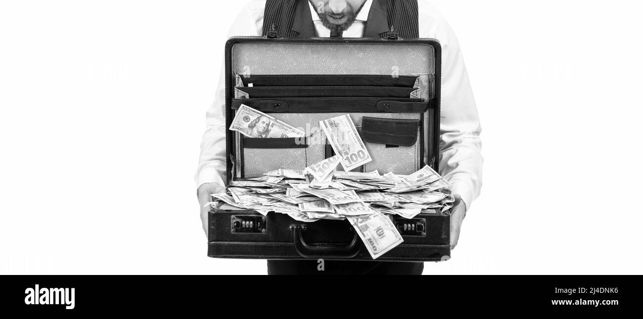 cropped briber holding case full of dollar cash isolated on white ...