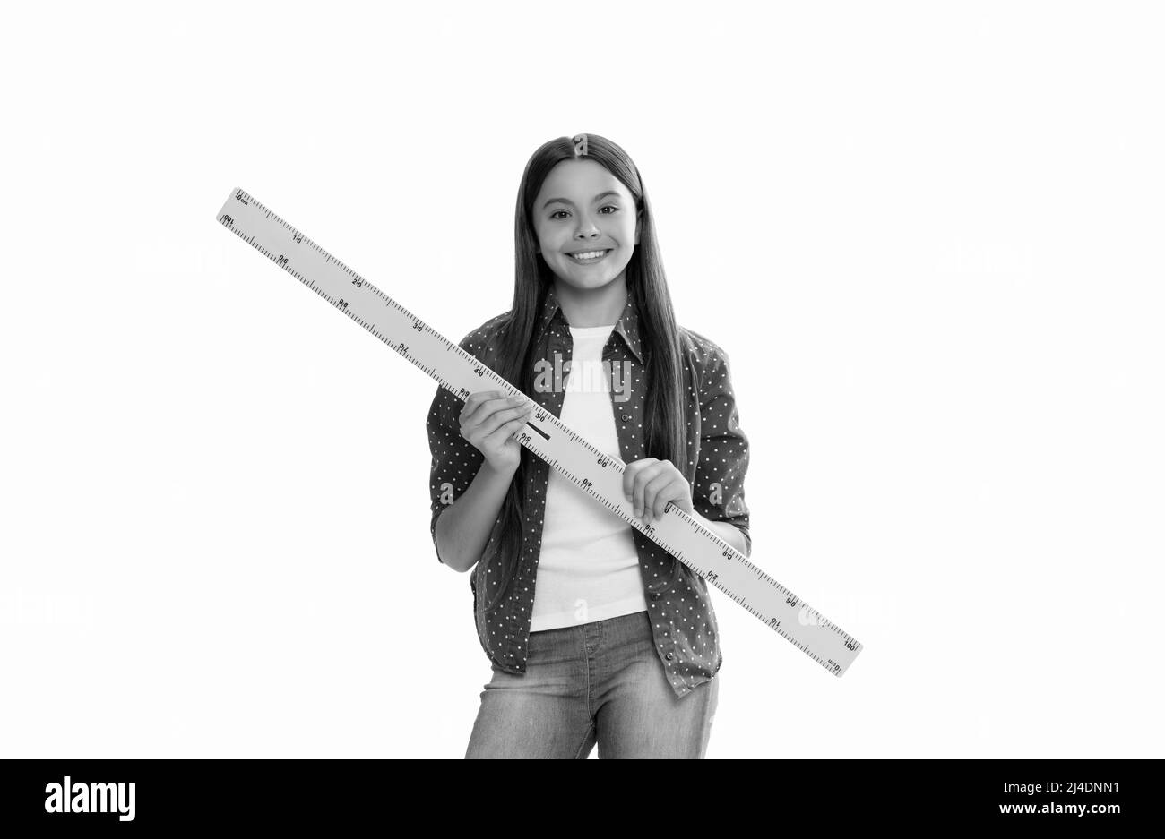 happy child hold ruler study mathematics at school isolated on white ...