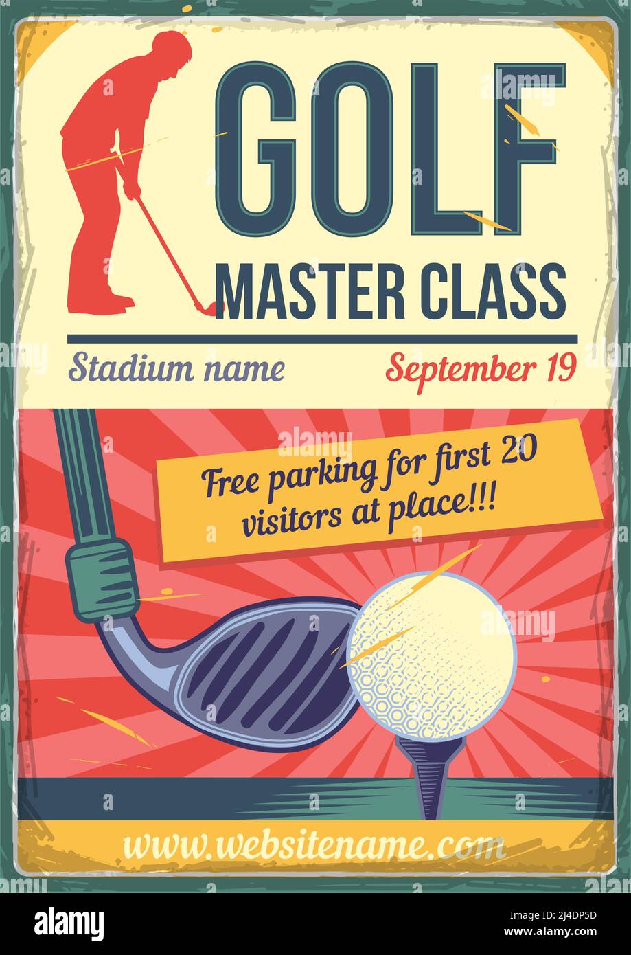 Advertising poster design with illustration of a golf club on dusty ...