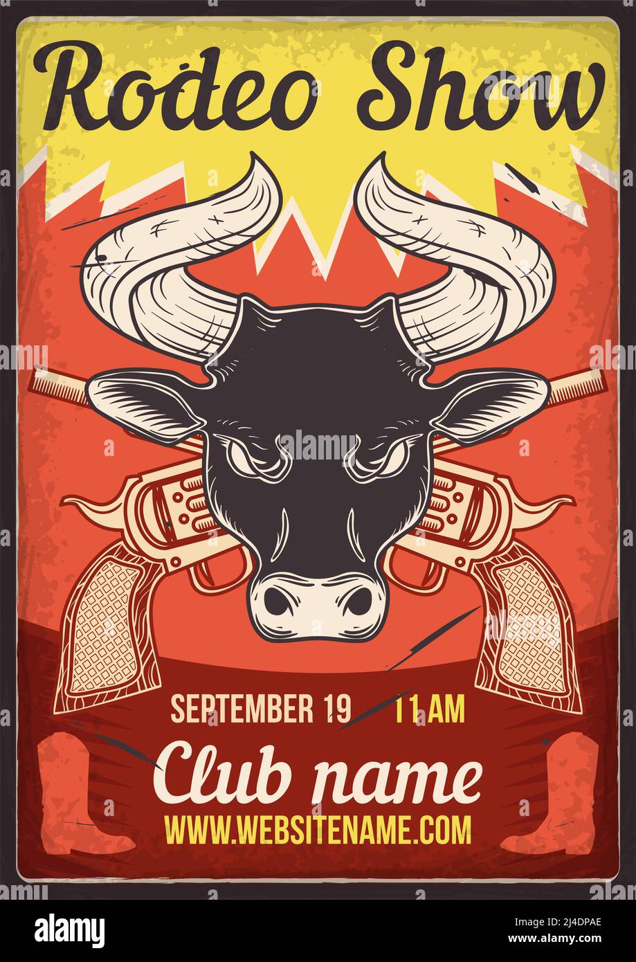 Advertising poster design with illustration of a bull and revolvers on ...