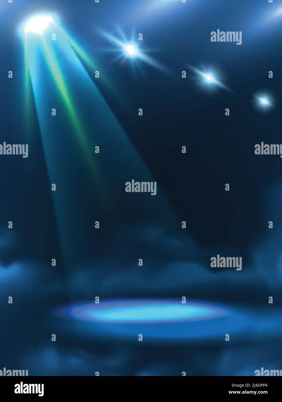 Blue green dim light beam and light spots in the darkness with clouds ...