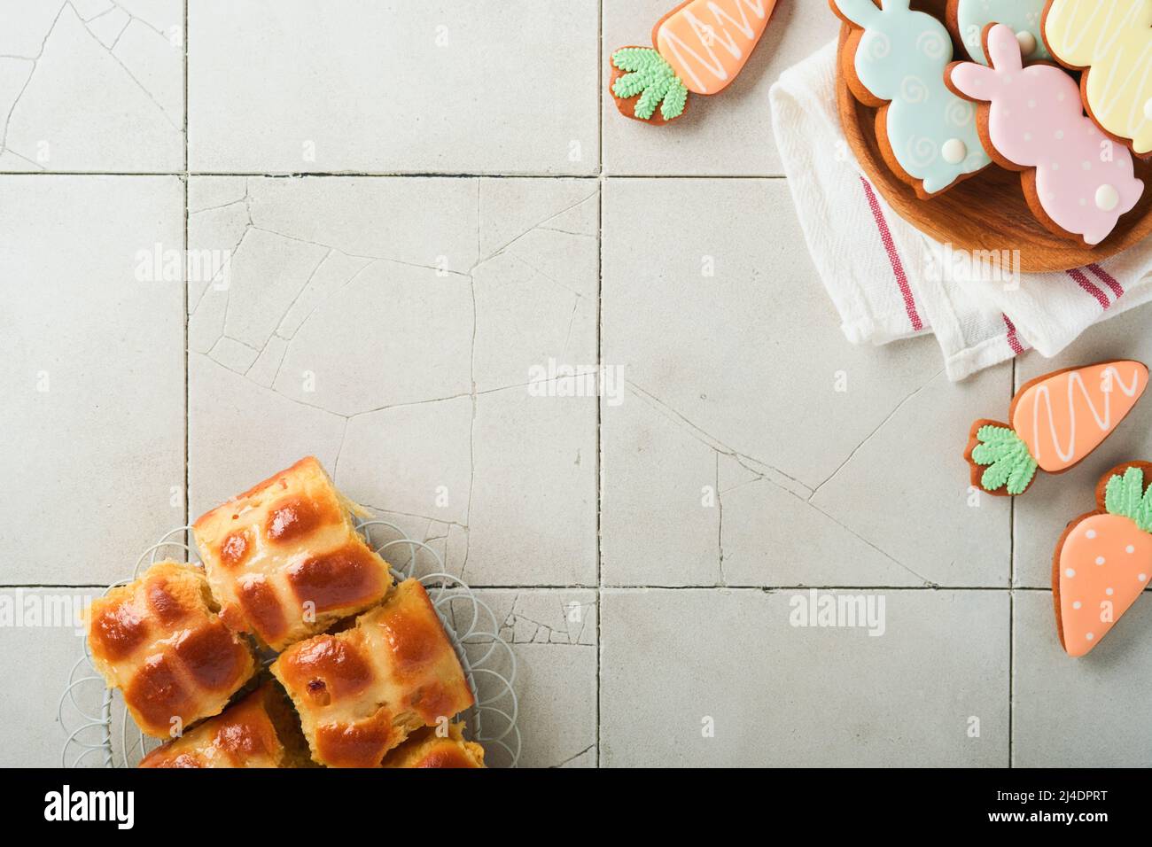 Easter hot cross buns with colored eggs Easter gingerbread rabbits and ...