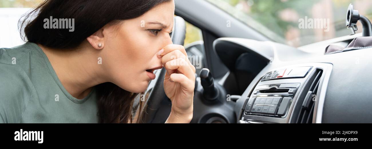 Woman Covering Her Nose From Bad Smell Inside The Car Stock Photo - Alamy
