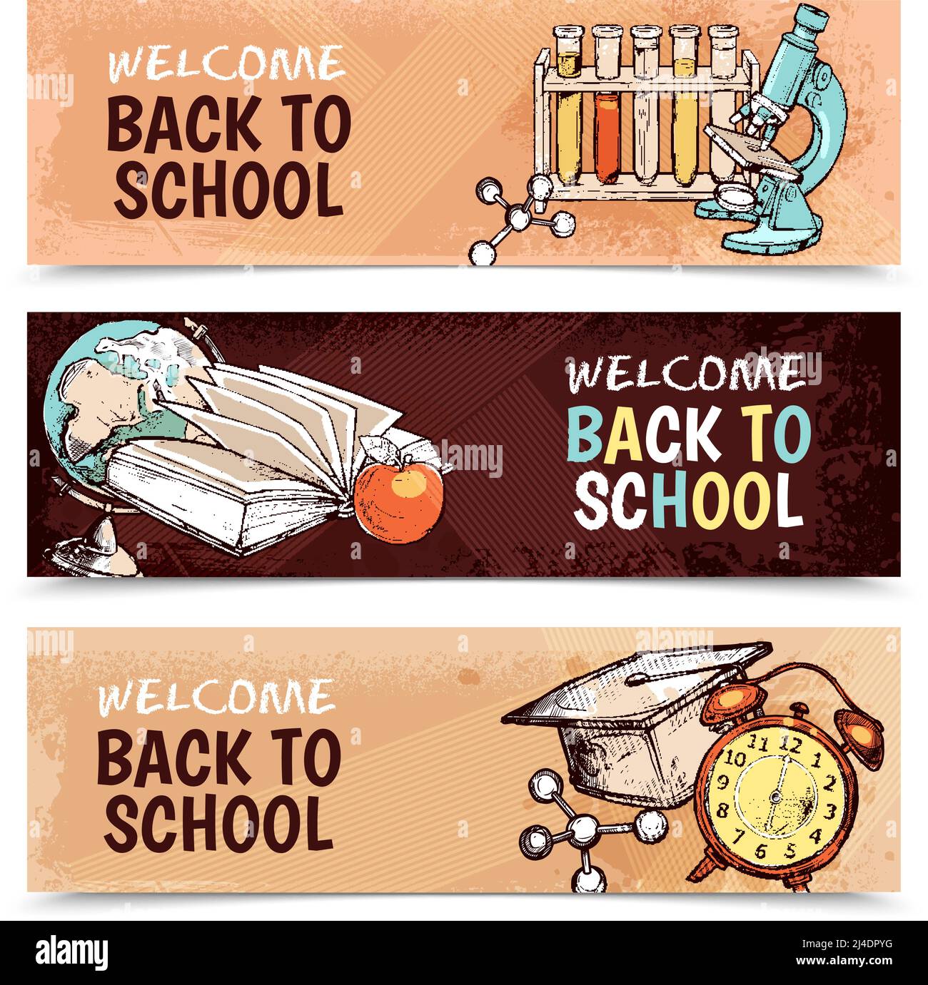 Horizontal welcome back to school banners with textural backgrounds and ...