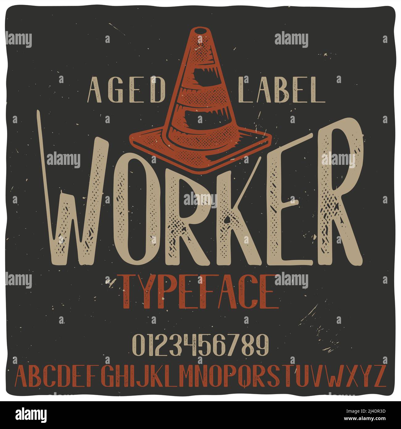Vintage label typeface named "Worker" with illustration of road cone ...