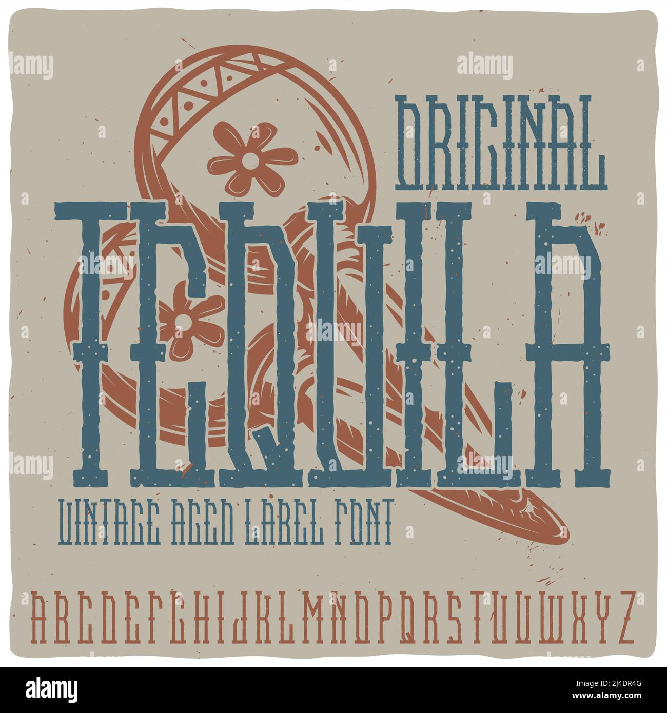 Vintage label typeface named "Tequila" with illustration of maracas on ...