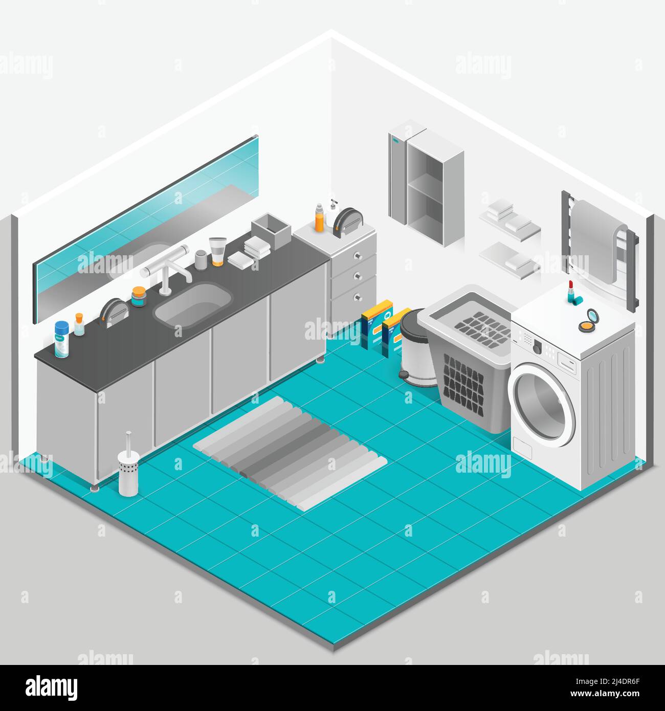 Bathroom interior isometric design with washing machine and mirror ...