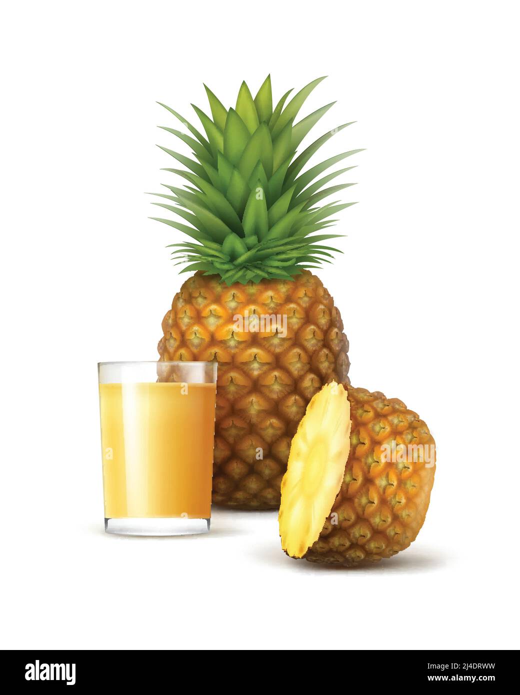 Vector ripe whole and sliced pineapple with glass of juice isolated on ...