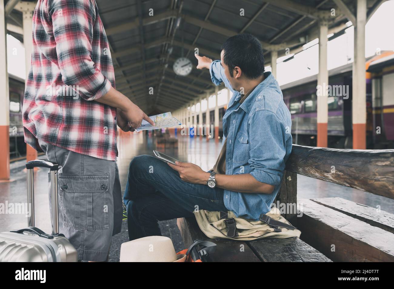 Tourist with backpack wait for train and ask for direction help Stock ...