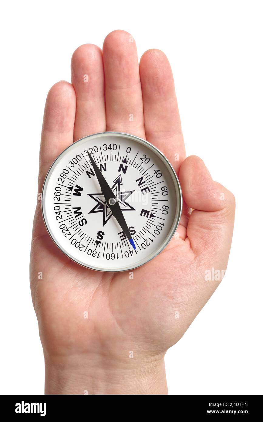 Hand holding traditional magnetic compass, vintage retro style ...