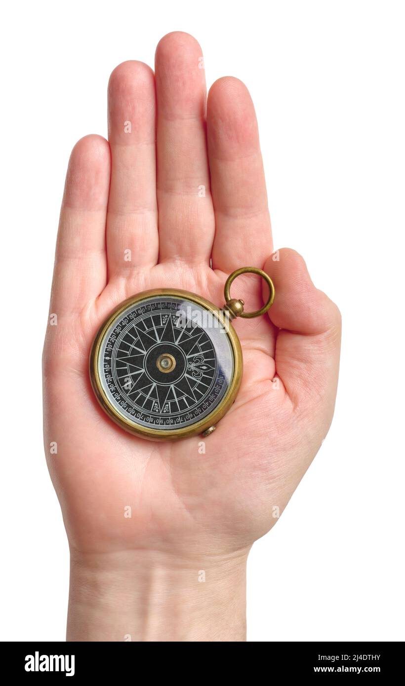 Hand holding traditional magnetic compass, vintage retro style ...