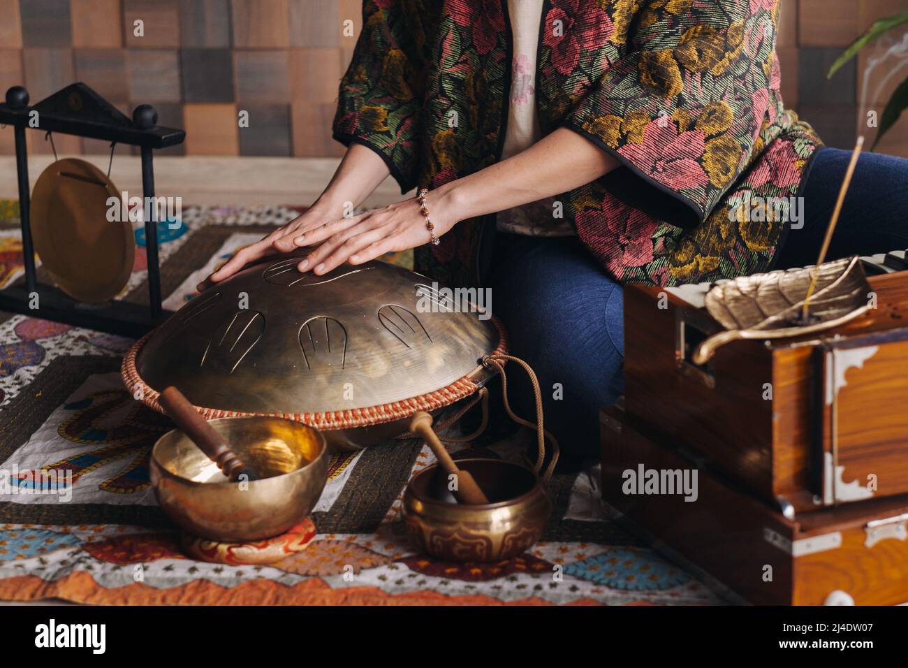 Close-up of a woman's hand playing a modern musical instrument - the ...