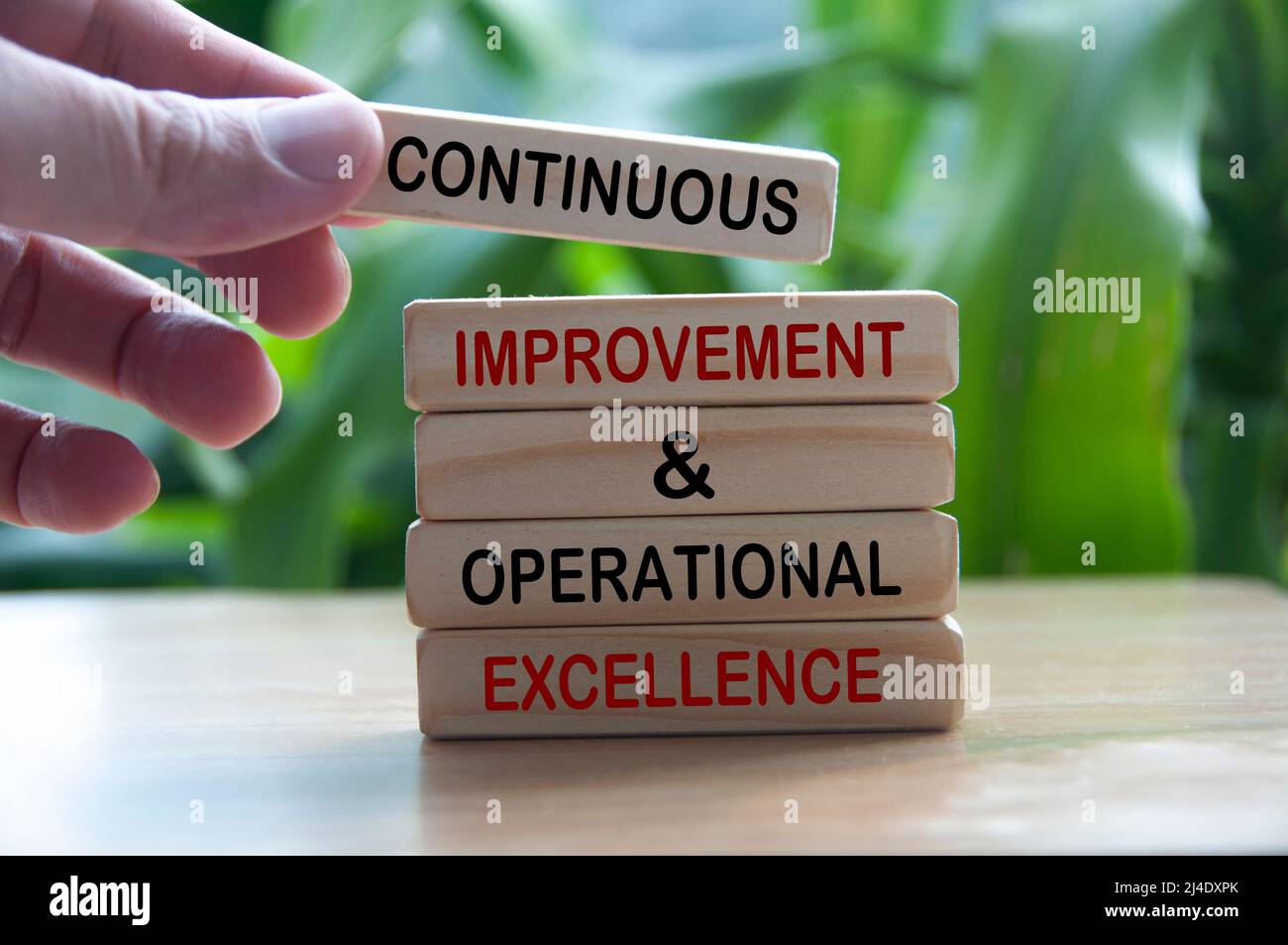Hand holding wooden blocks with text - Continuous improvement and ...
