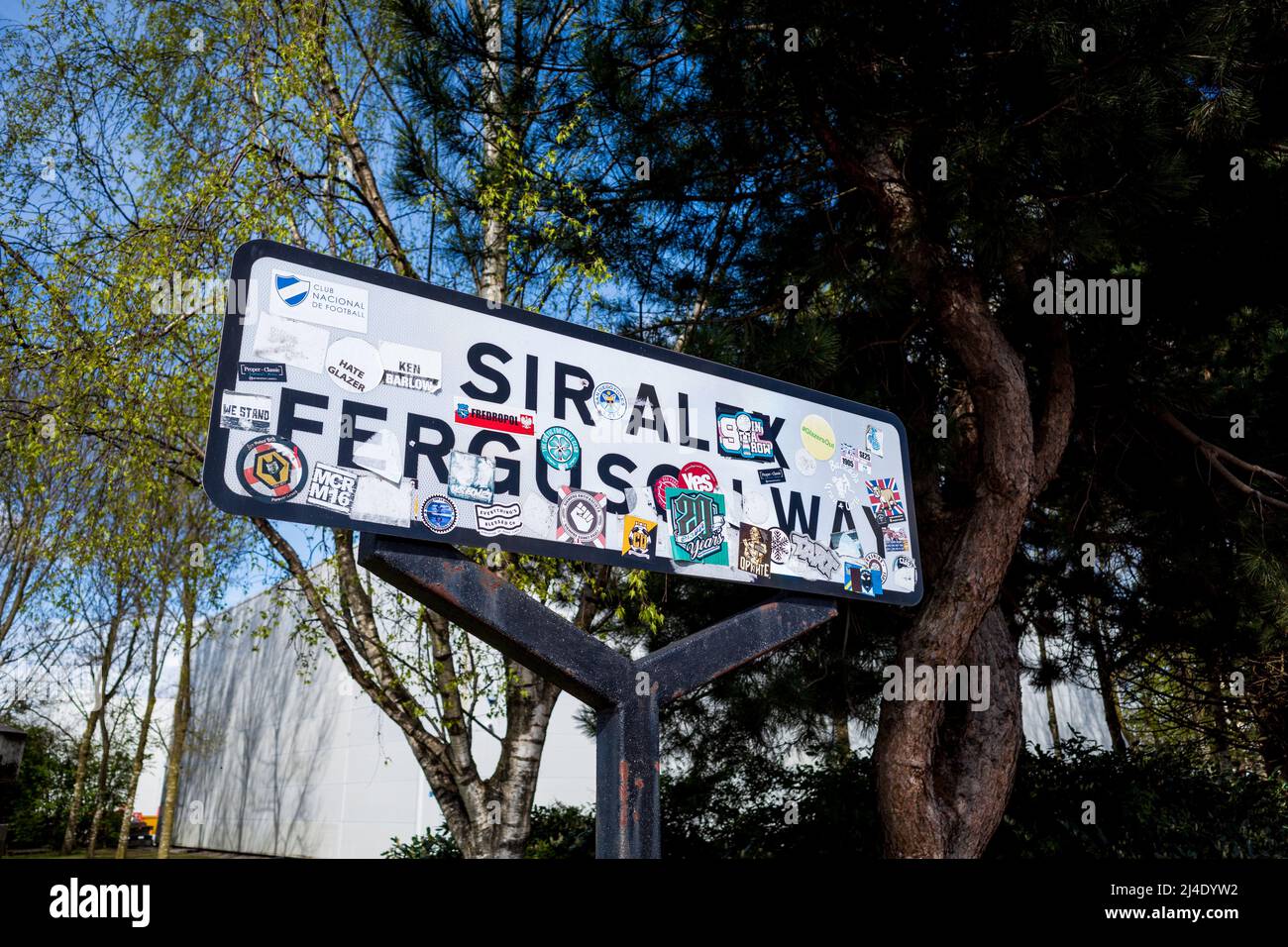 Manchester UK April 2022 Sir Alex Ferguson Way road sign famous sign on ...
