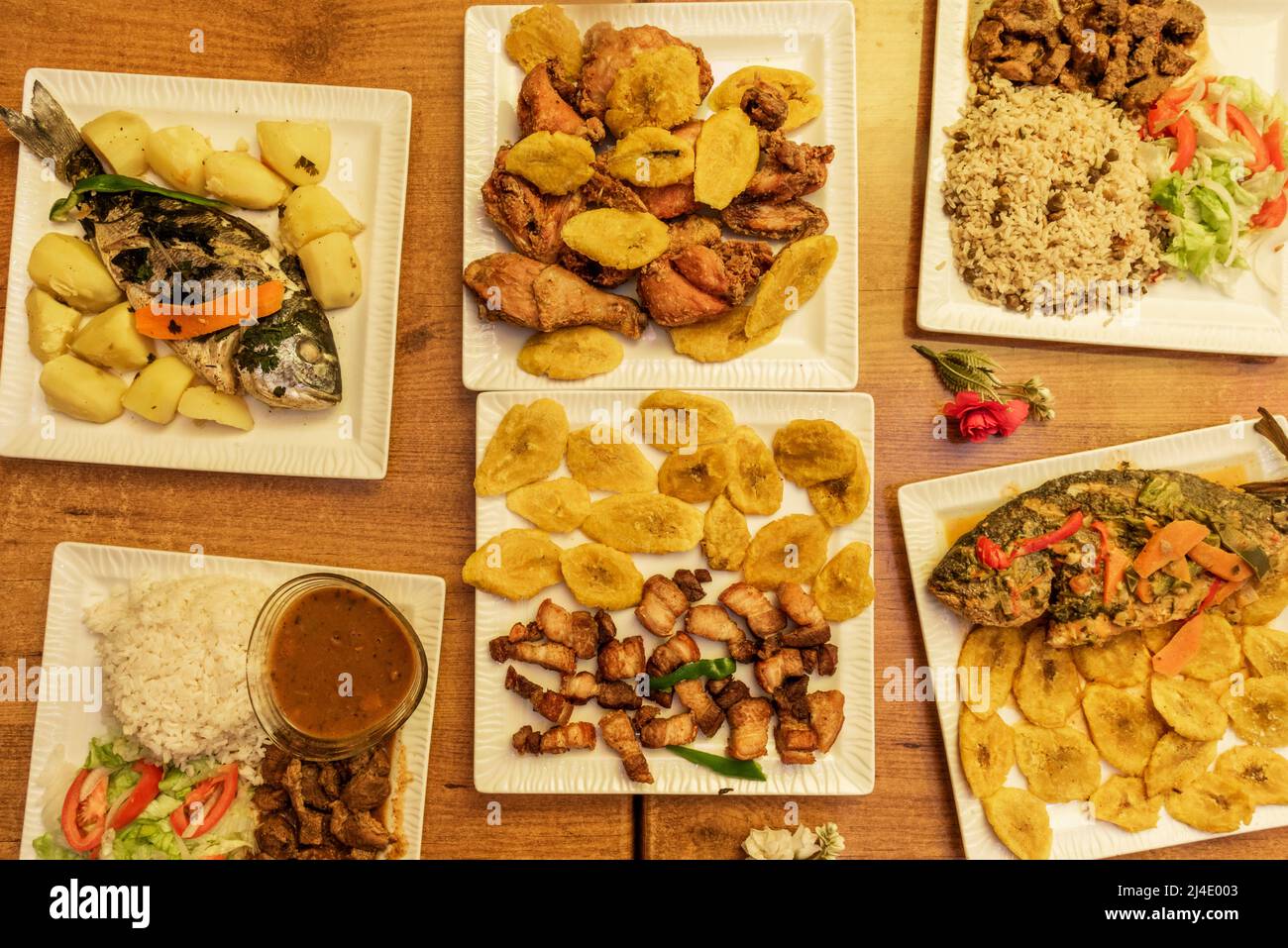 Set of Caribbean food dishes with meat stews with rice, tostones and ...