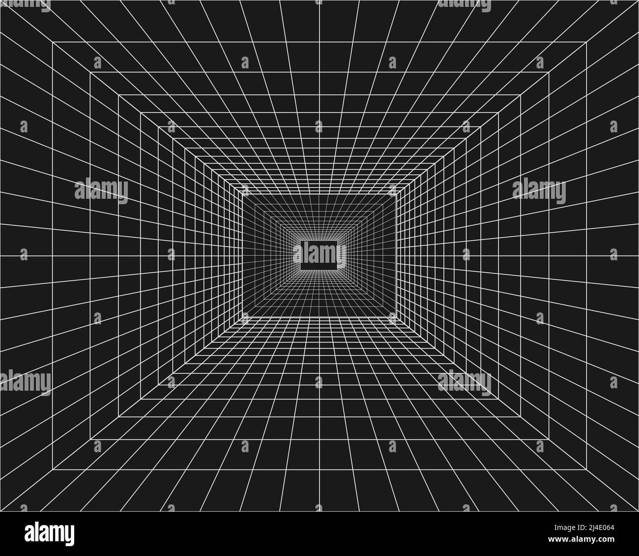 Cyber grid, retro punk perspective rectangular tunnel. Grid tunnel geometry on black background ...