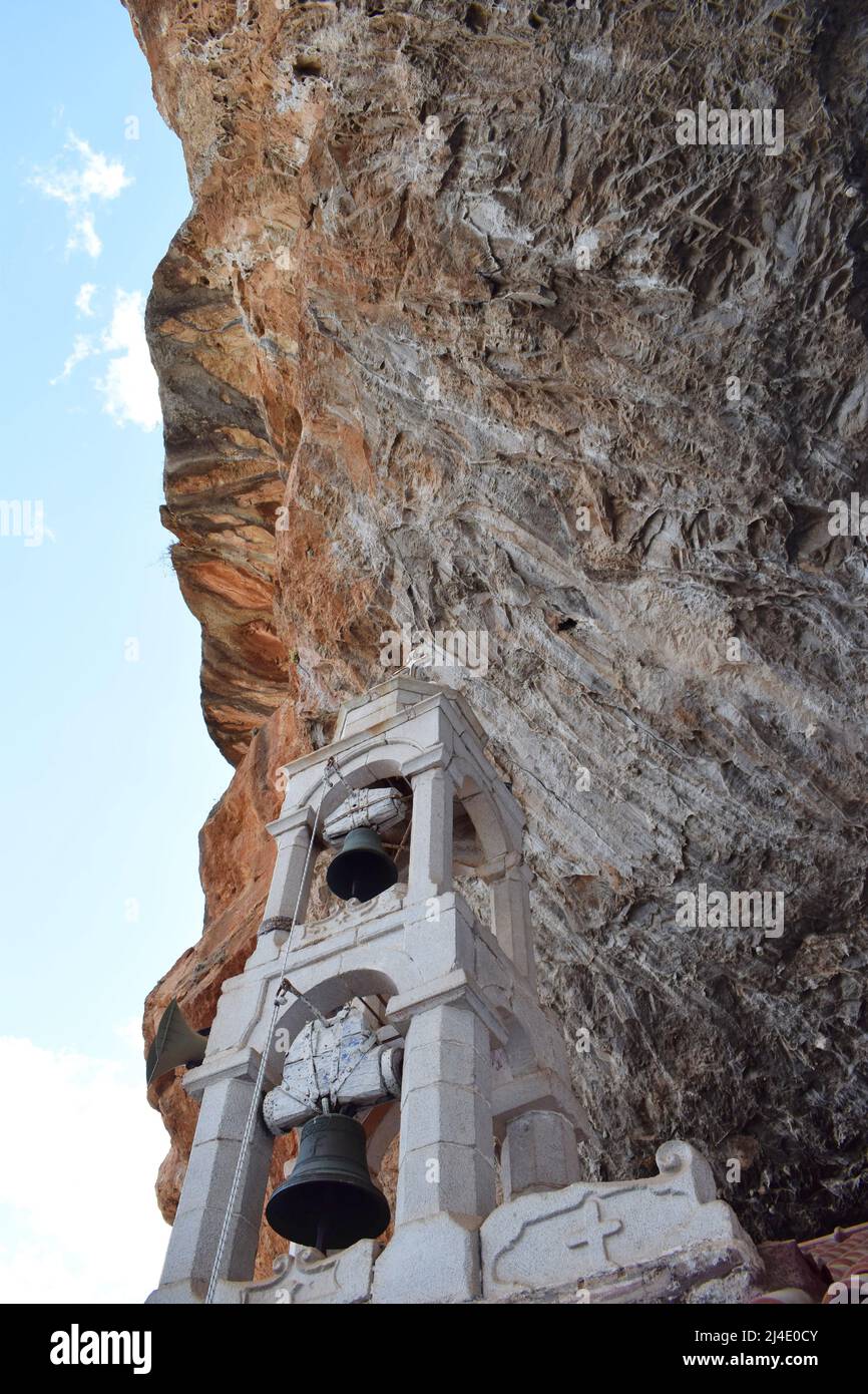 Small bell tower of a greek church (Panagia Elonis or Elona) inside a ...