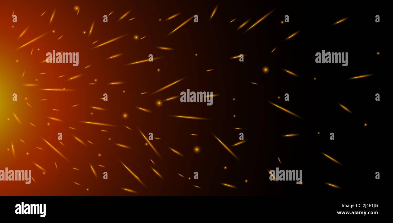 Fiery sparks on air over dark night from left side. Flying glowing ...