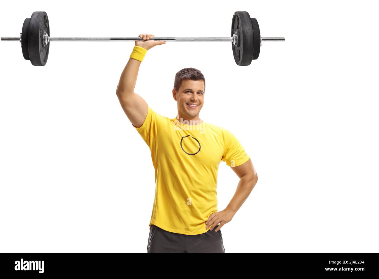 Fit man lifting weigths with one hand isolated on whie background Stock ...