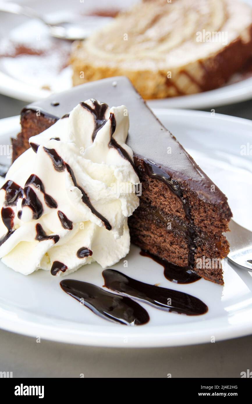 Austrian sweets specialty: Sacher Cake with decorative cream Stock ...