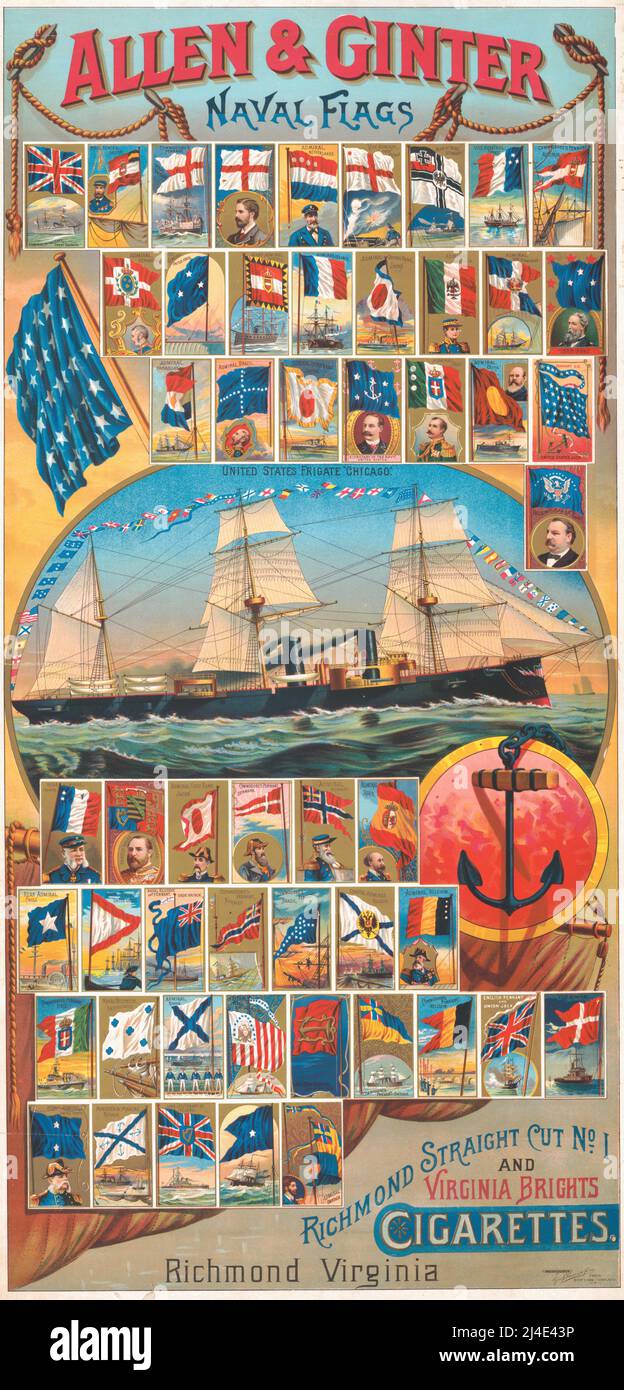 1885 poster of naval flags by Allen & Ginter tobacco company. USS ...