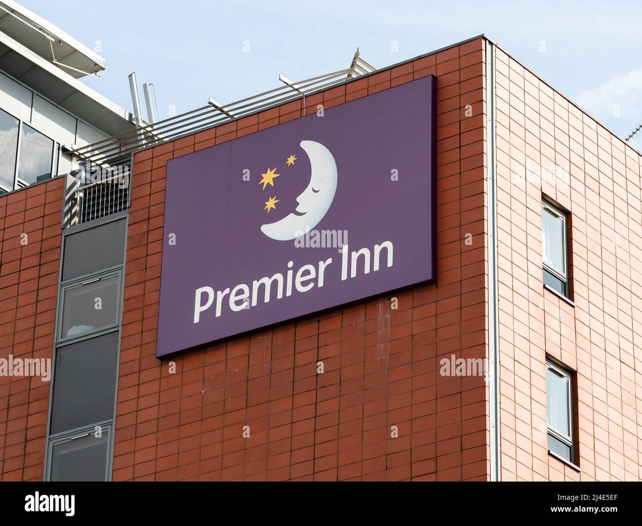 Manchester UK April 09, 2022 premier inn hotel sign on outside of ...