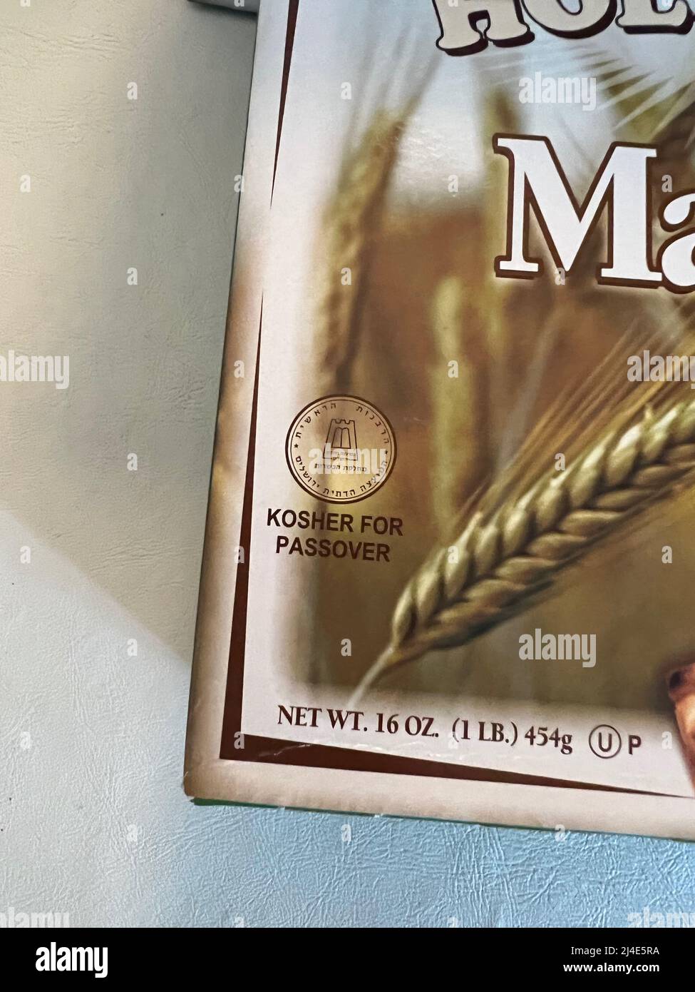 Boxes of Holyland Matzos are on display in New York on April 14, 2022 ...