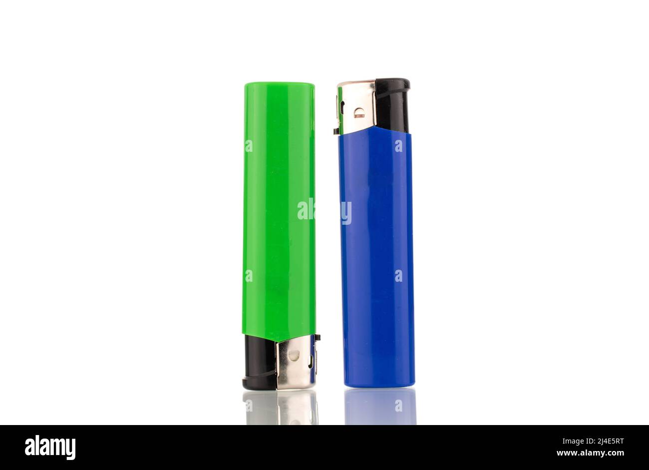 Two colored lighters, macro, isolated on a white background Stock Photo ...