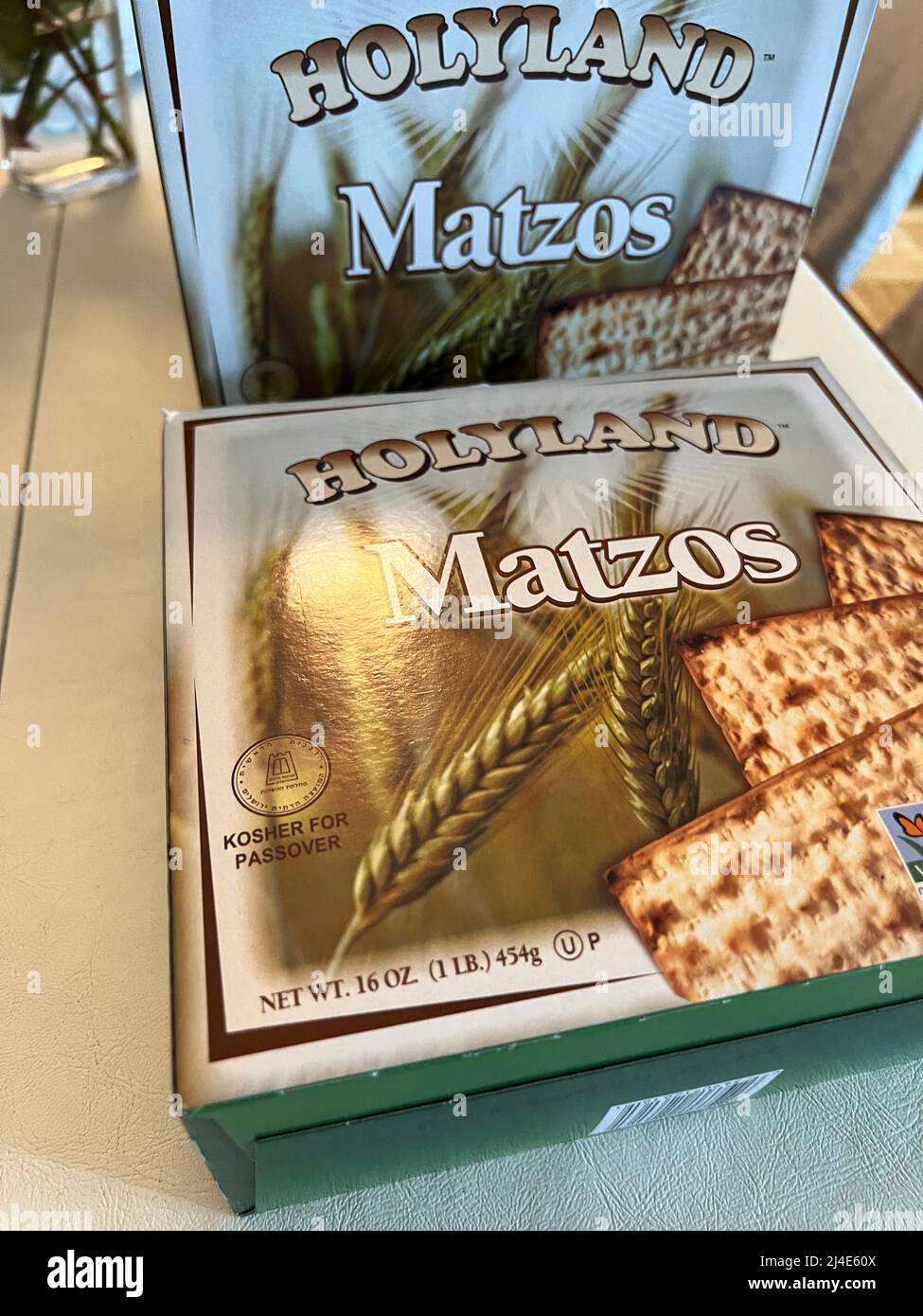 Boxes of Holyland Matzos are on display in New York on April 14, 2022 ...