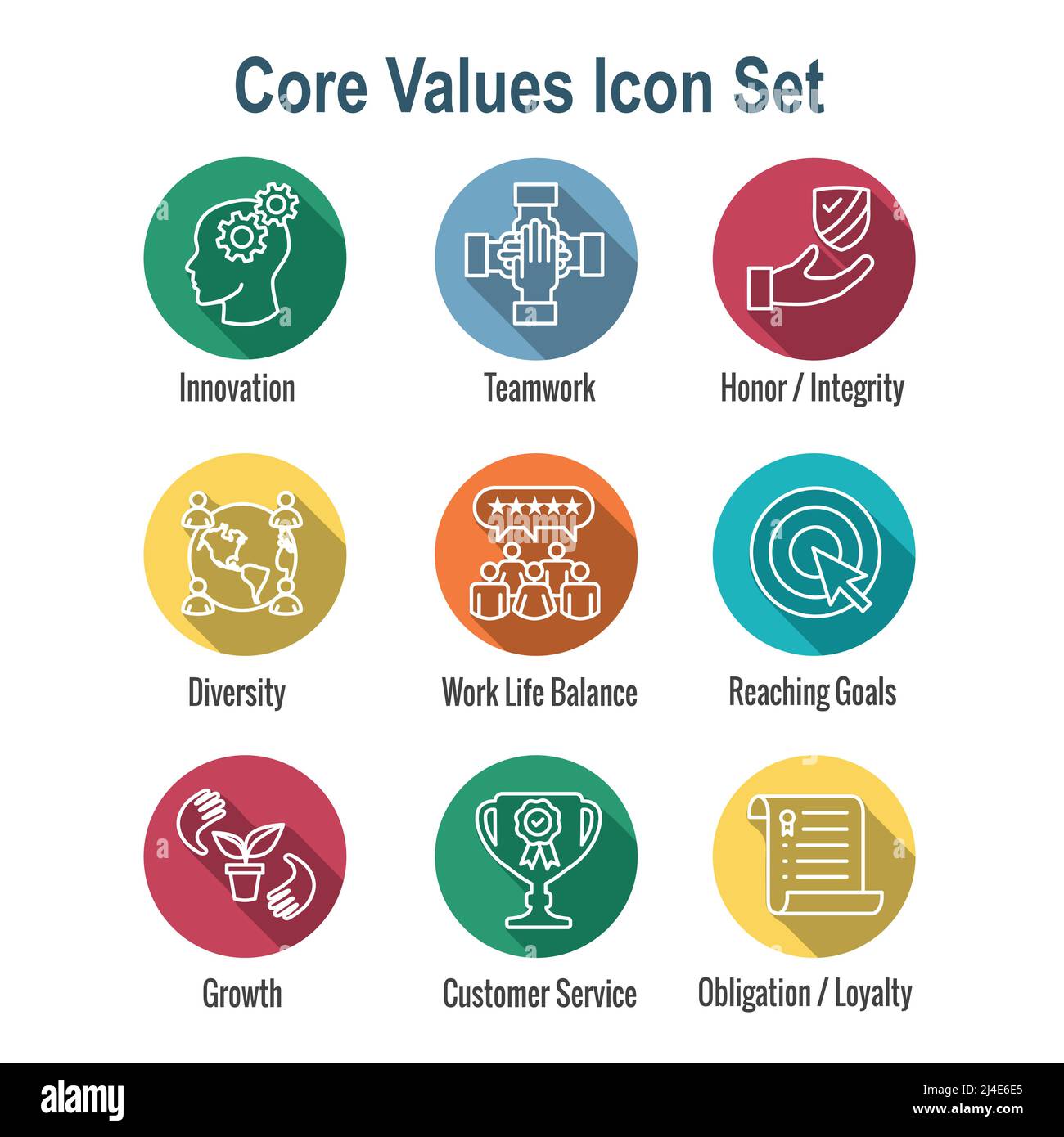 Core Values icon set with teamwork, work life balance & diversity Stock ...