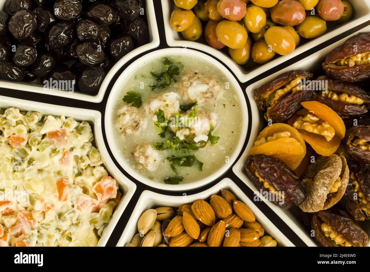 Traditional Ramadan iftar,beginning menu set background with soup ...