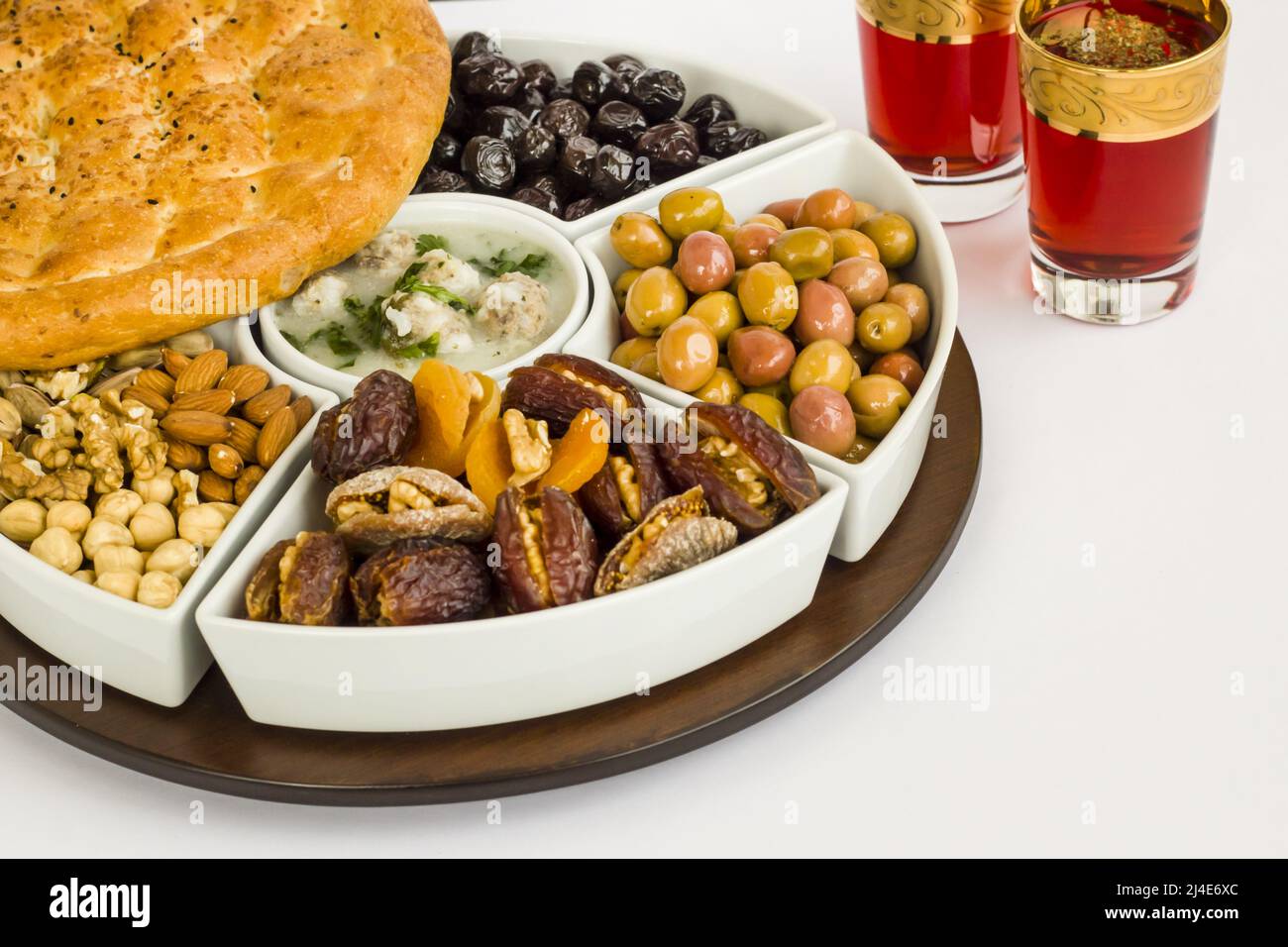 Traditional Ramadan iftar,beginning menu set with soup,olives,date ...