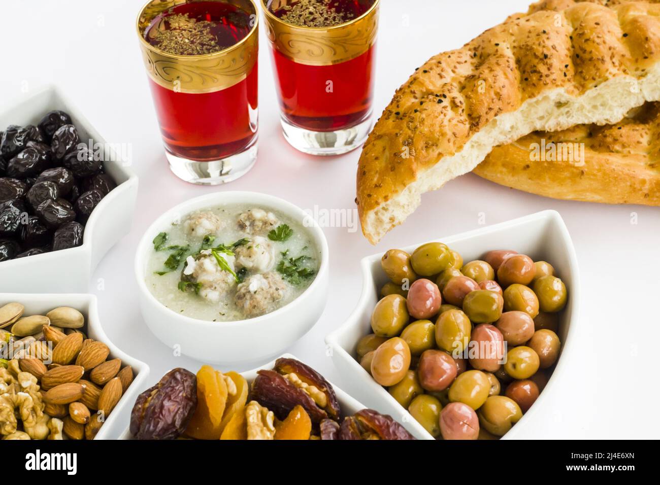 Traditional Ramadan iftar,beginning menu set with soup,olives,date ...