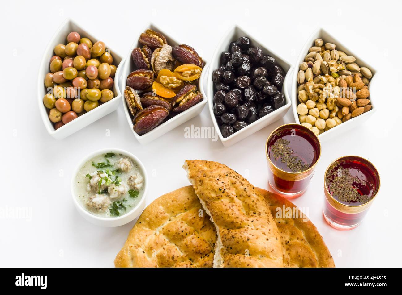 Traditional Ramadan iftar,beginning menu set with soup,olives,date ...