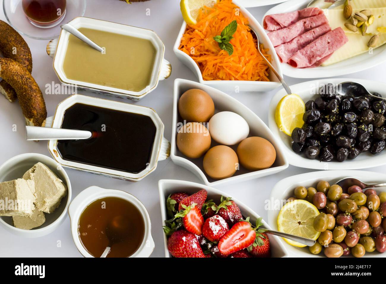 Traditional Turkish Spread Breakfast with boiled eggs,fresh fruits and ...