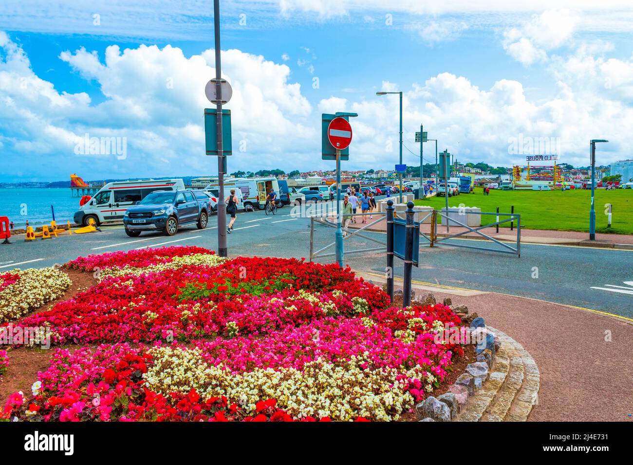 Colorful flower beds along the coastal street by Paignton Beach at ...