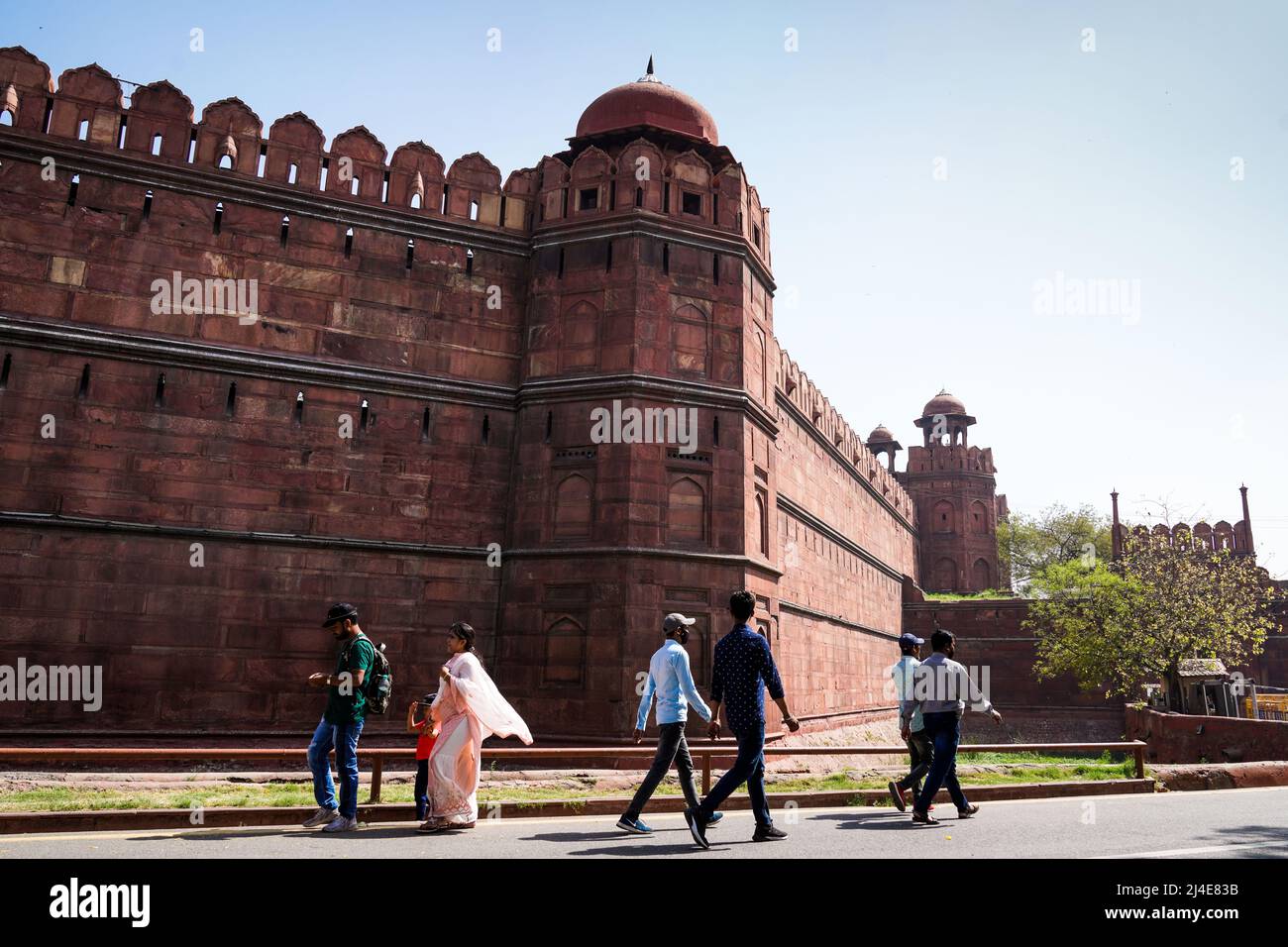 Walls of the Red Fort. The impressive wall was built in red sandstone ...