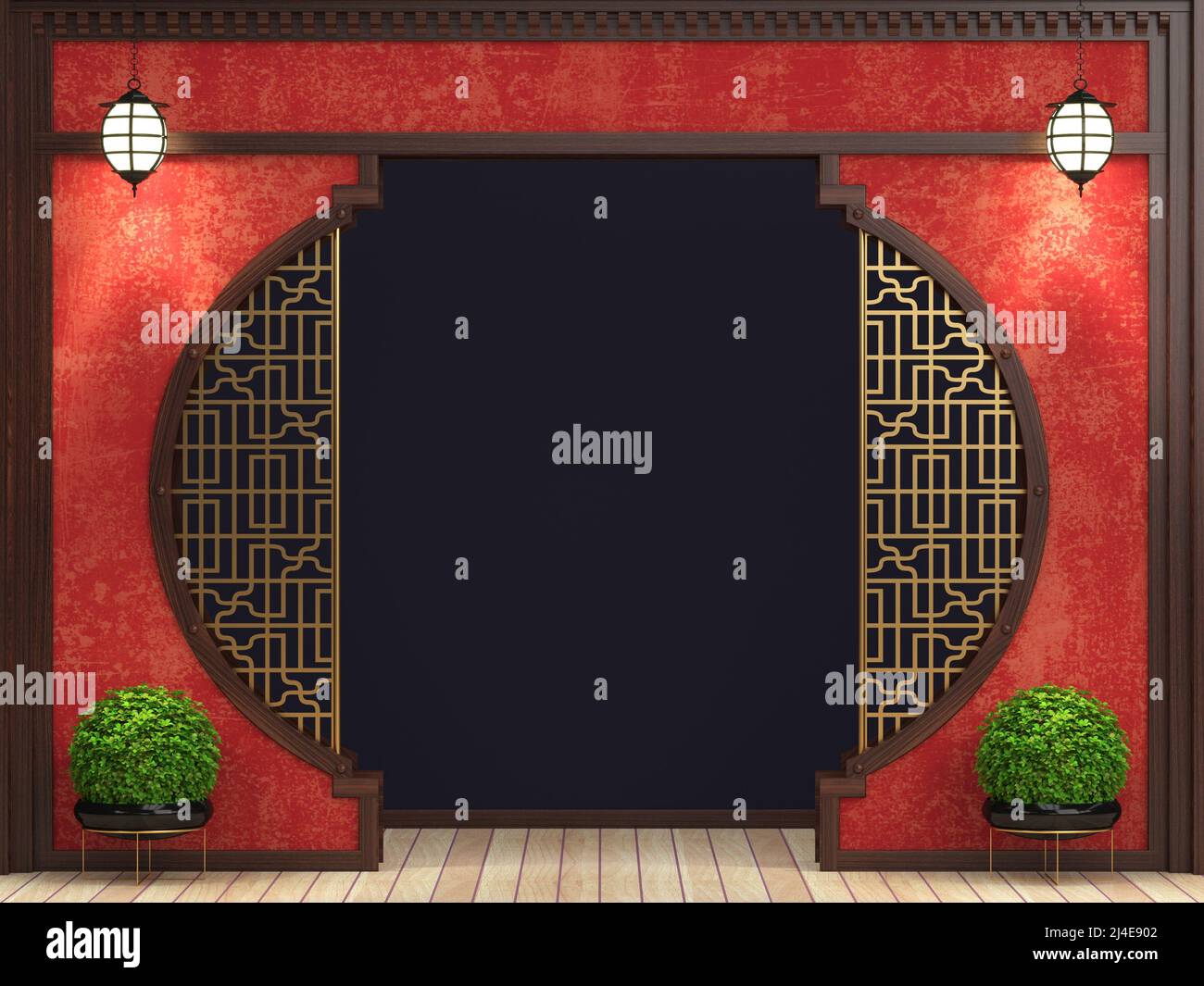 Red and gold east asian wall partition Stock Photo - Alamy