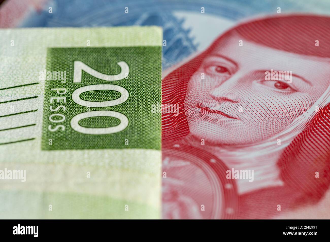 Mexican money, 100 and 200 pesos banknotes, close up, Financial concept ...