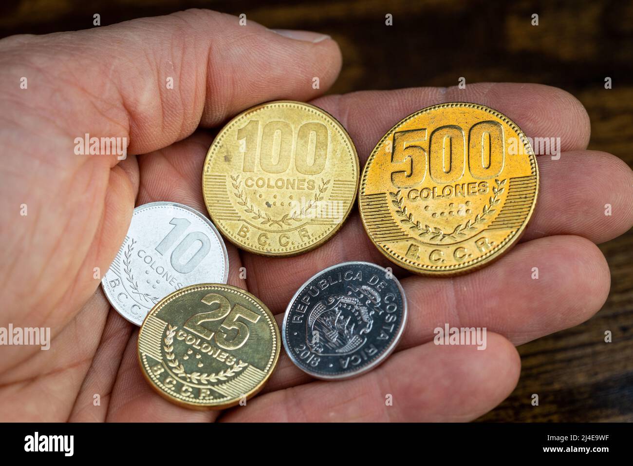 Costa Rica money, shiny coins lying on an outstretched hand Stock Photo ...