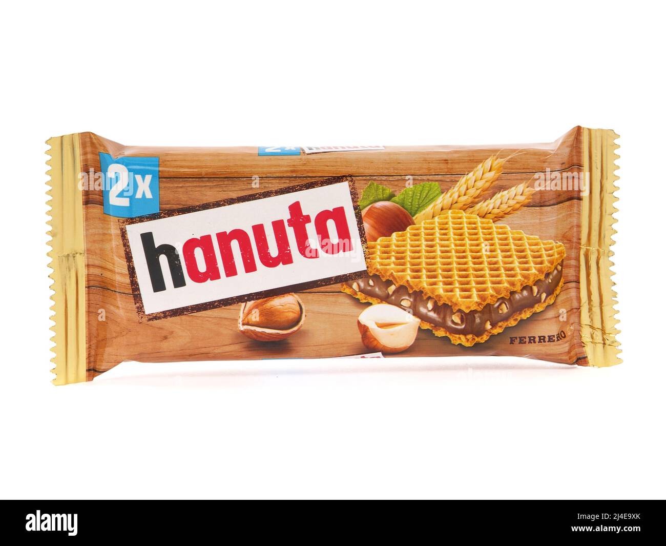 BUCHAREST, ROMANIA - APRIL 22, 2019. Hanuta chocolate hazelnut wafers ...